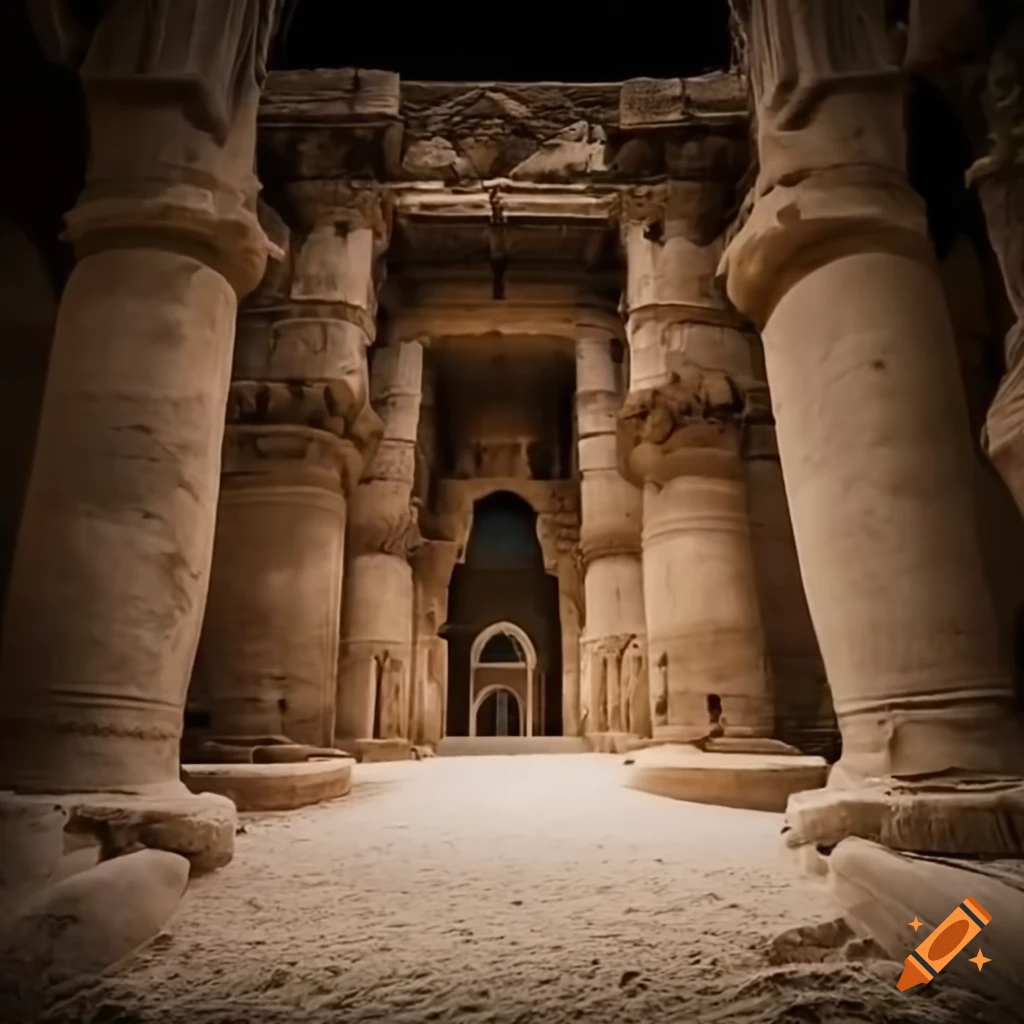 Exotic alien world with white sand and ancient architecture at dusk on ...