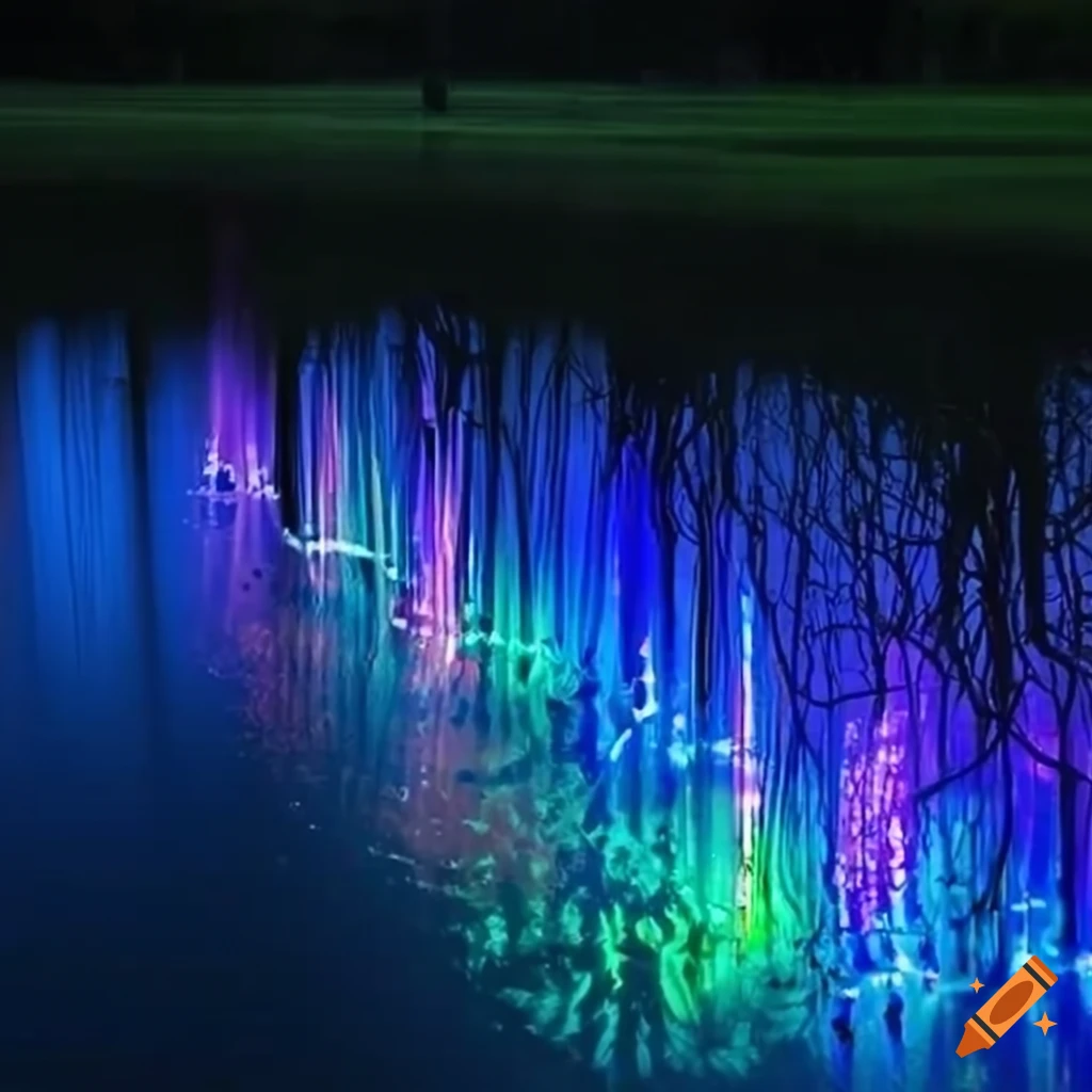 Underwater led lines creating colorful root system in a park lake on ...