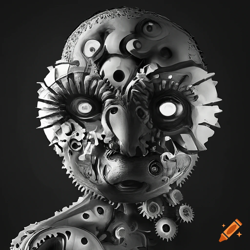 Group of weird alien creatures in sci-fi fashions surrounded by gears ...