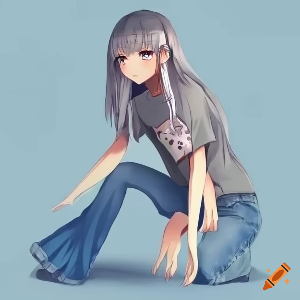 Anime girl in grey t-shirt with 1D print and blue bell bottom jeans on ...