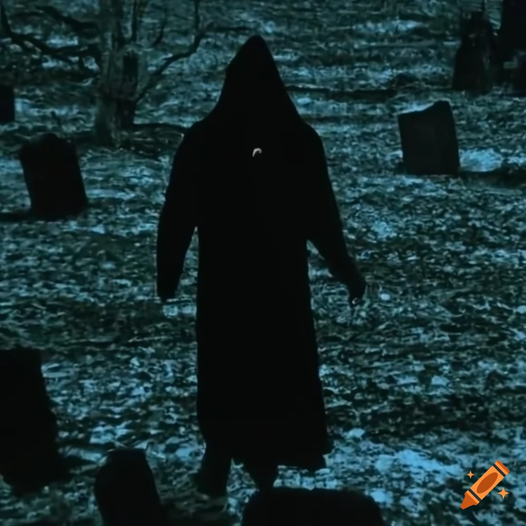 Hooded spectre walking among tombstones in a VHS distortion on Craiyon