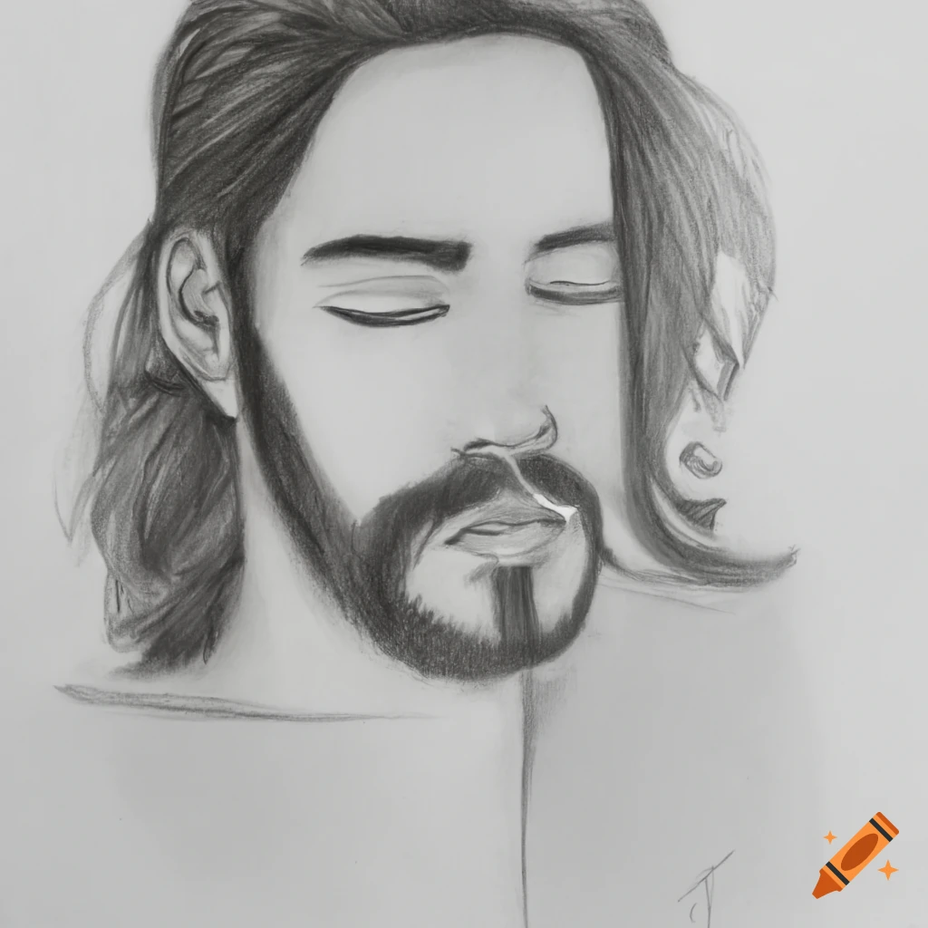 Pencil sketch of a young indian man with long hair and beard laying ...