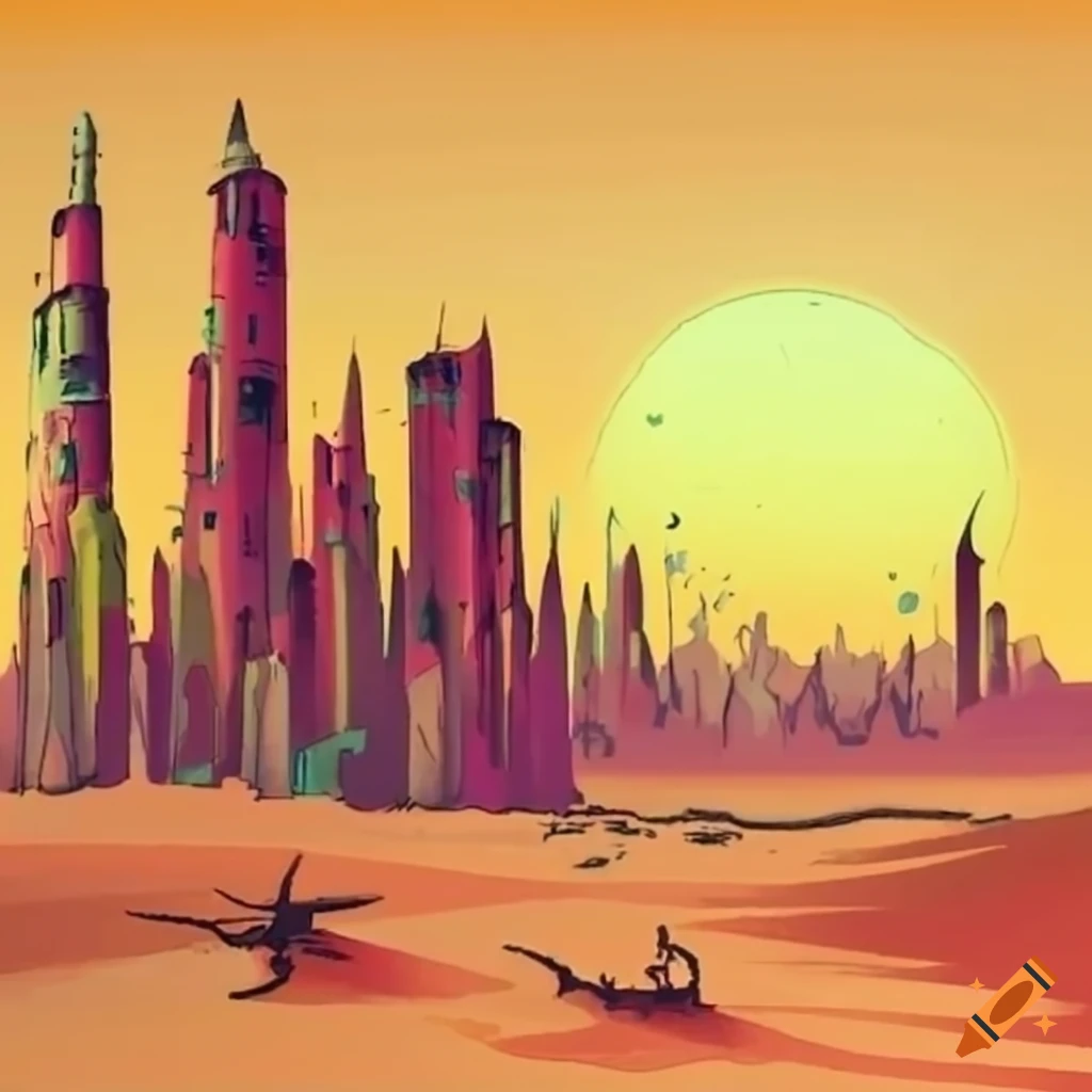 Apocalyptic desert scene in a comic book style on Craiyon