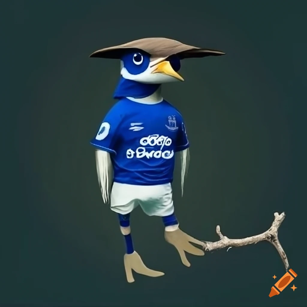 Bird in an everton soccer jersey holding documents on a branch on Craiyon