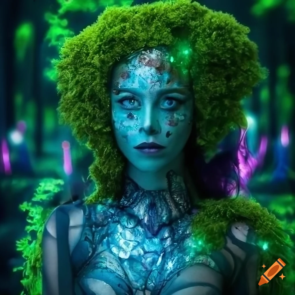 Biopunk cityscape with cyborg mermaid goddesses and glowing green ...