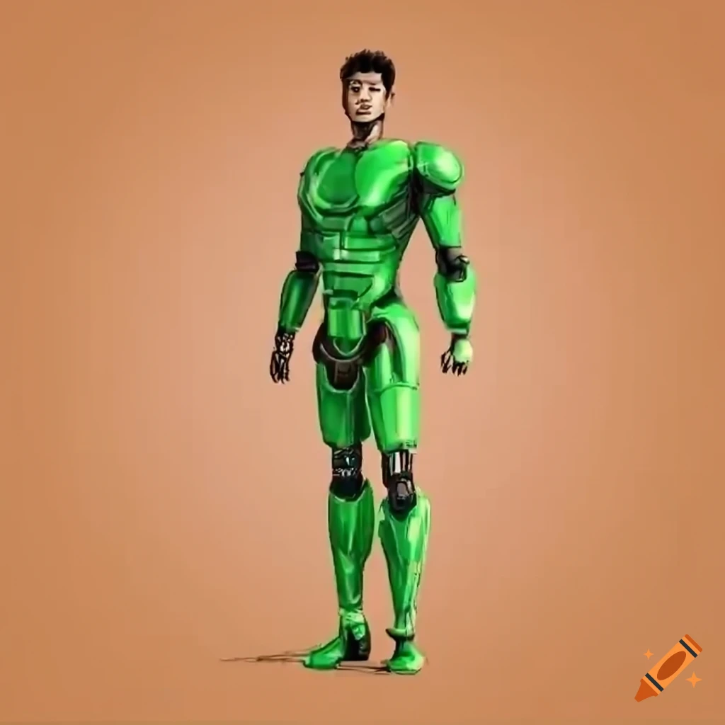 Realistic 16-bit full body male character in green robot suit on orange ...