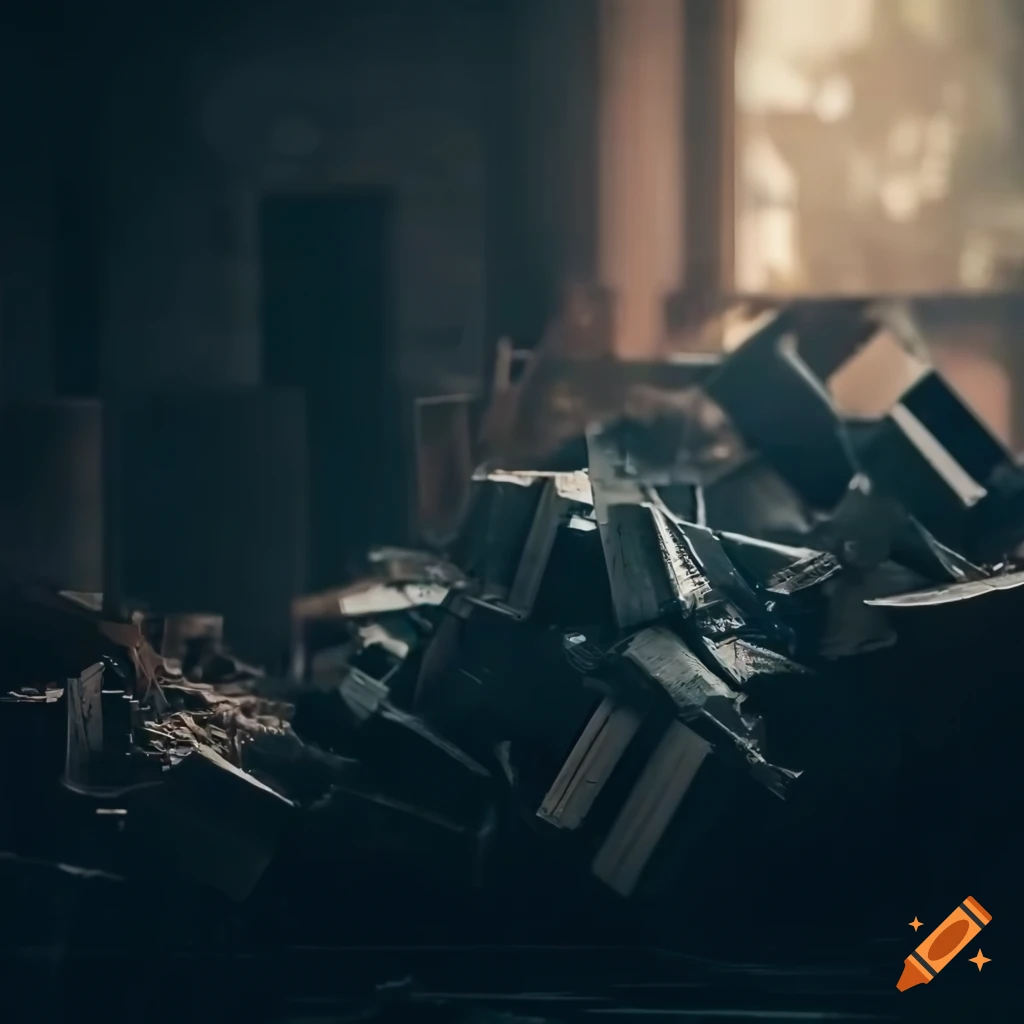 Pile of broken computer parts and machinery in a foggy abandoned ...