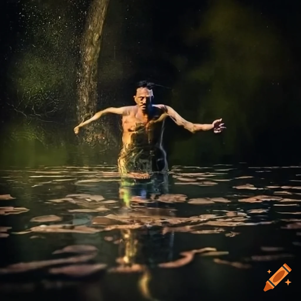 Psychedelic man running into a pond in colorful photo on Craiyon