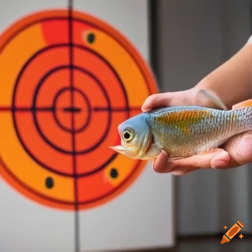 Man aiming a goldfish at a target on Craiyon