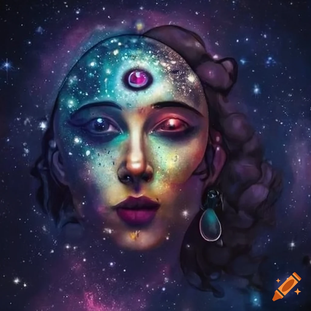 Mystical woman playing a jazz newspaper among stars and moons on Craiyon