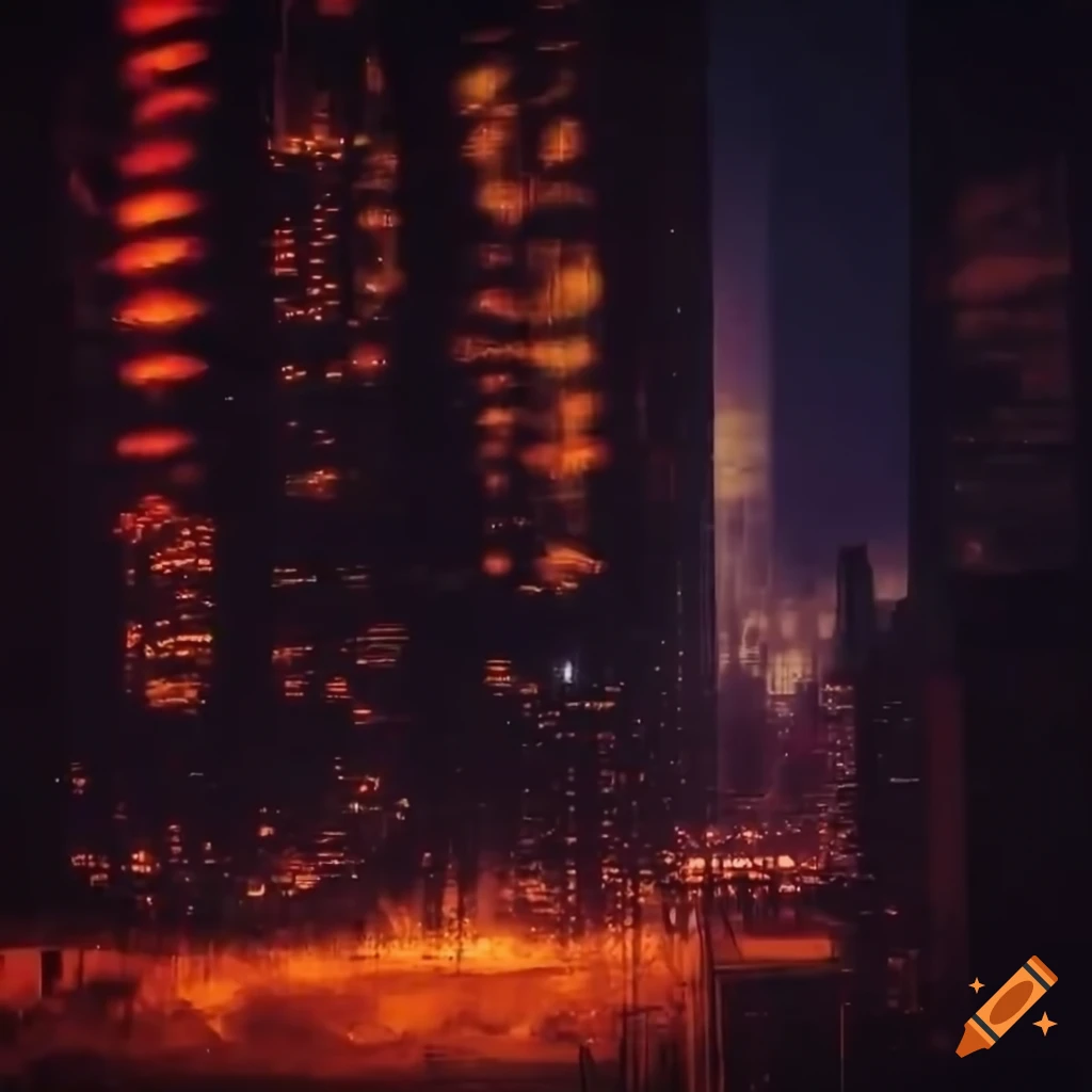 Ethereal sunset over a dystopian landscape with dancing crowd and neon ...