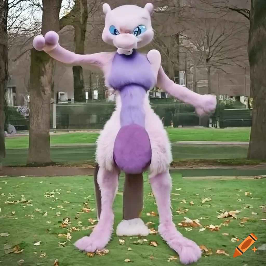 Detail of person in mewtwo fursuit costume at park on Craiyon