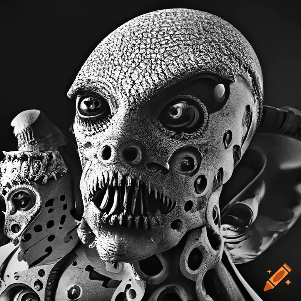 Group of weird alien creatures in sci-fi fashions surrounded by gears ...