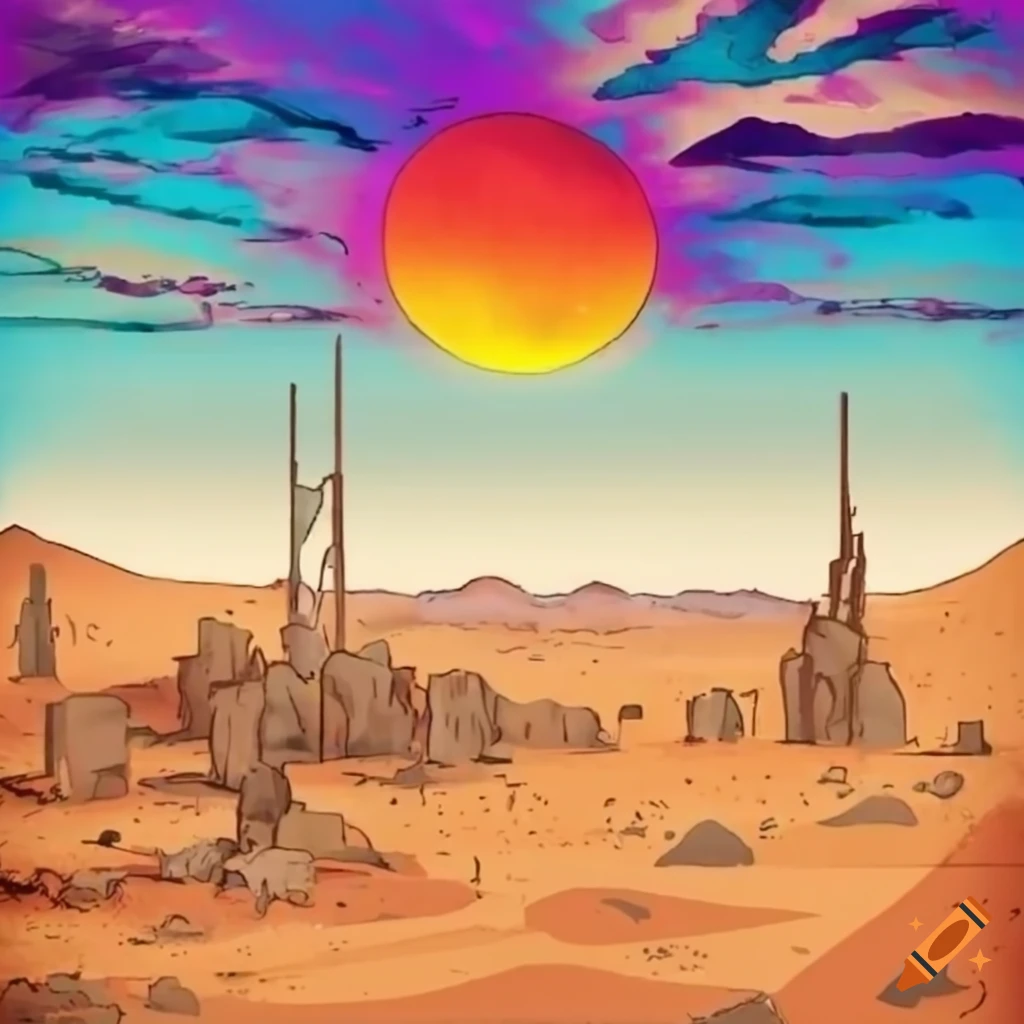 Apocalyptic desert in a comic book style on Craiyon