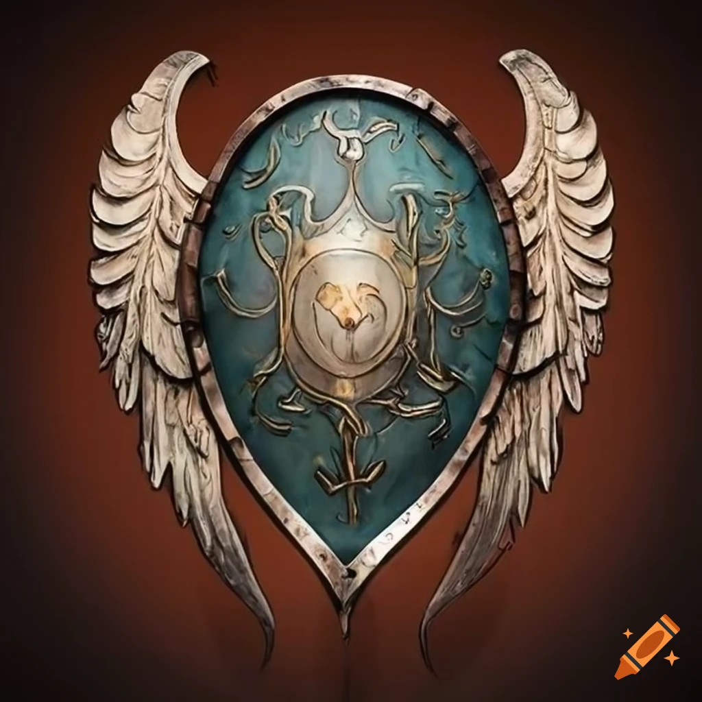 Mythical shield made of wings and iron on Craiyon