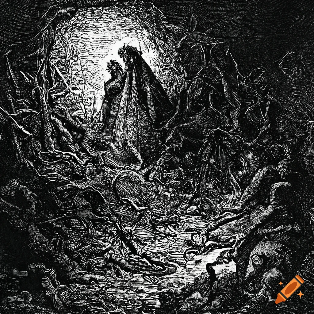Detailed black and white ink drawing by gustave doré depicting despair ...