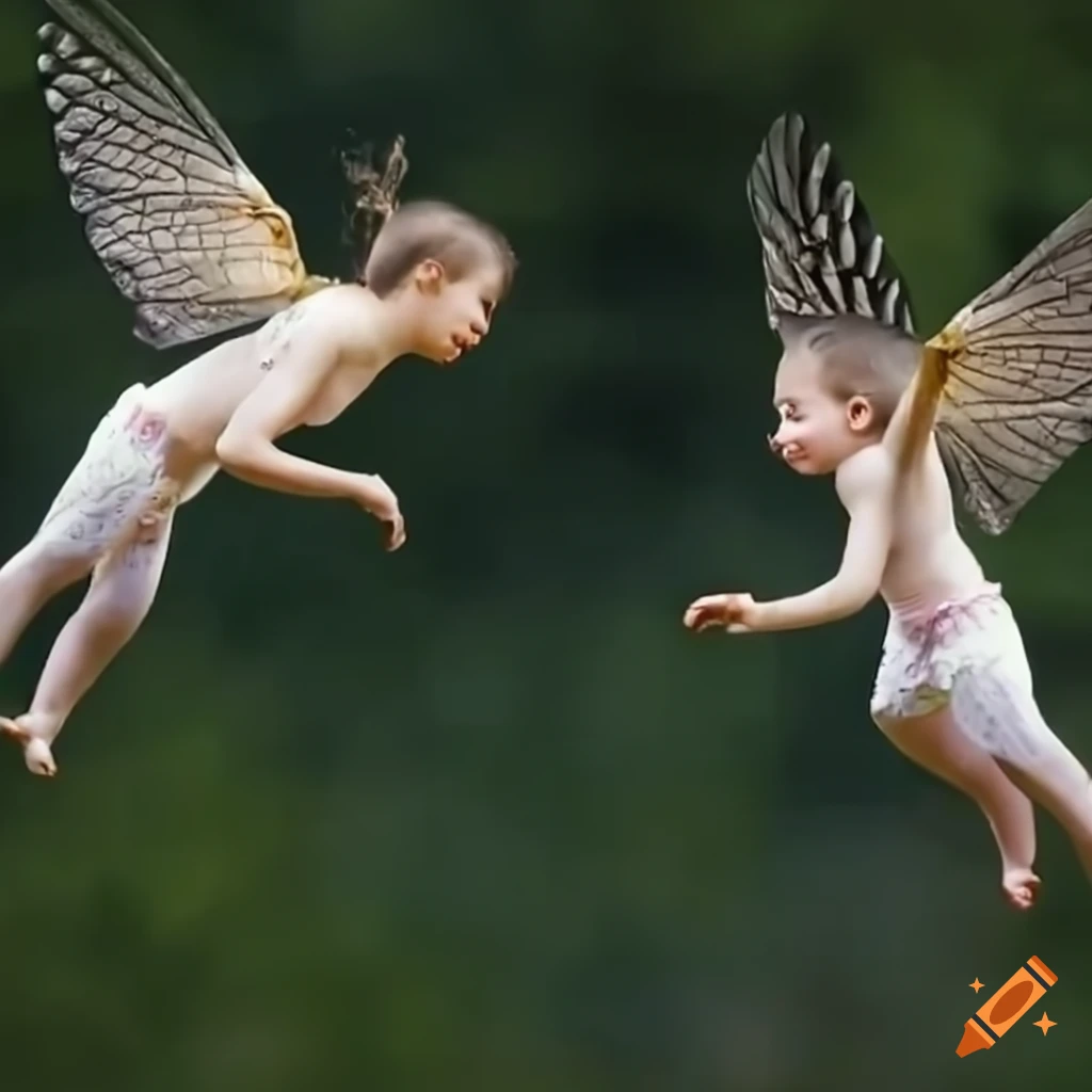 Two winged children engaged in mid-air combat on Craiyon