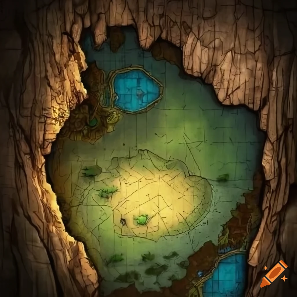 Cave battlemap with a pond on a cliff in a dungeons and dragons style ...