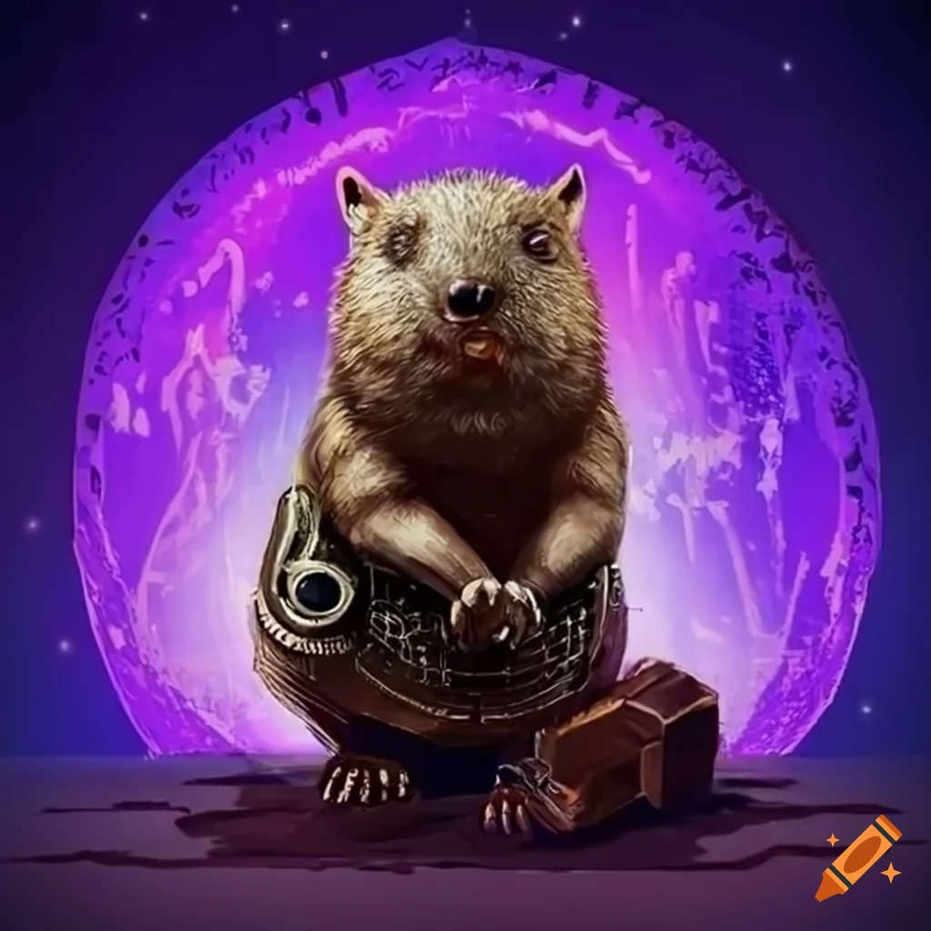 Mystical wealthy cyborg wombat mining crypto tokens in a digital ...