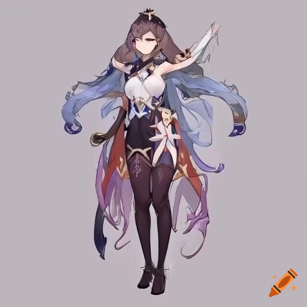 Detailed full-body anime character reference sheet with intricate ...