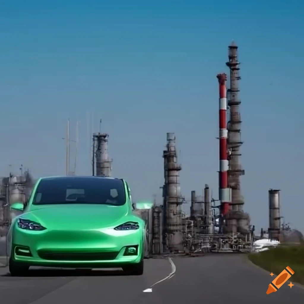 Tesla electric car passing by an oil refinery with green exhaust on Craiyon