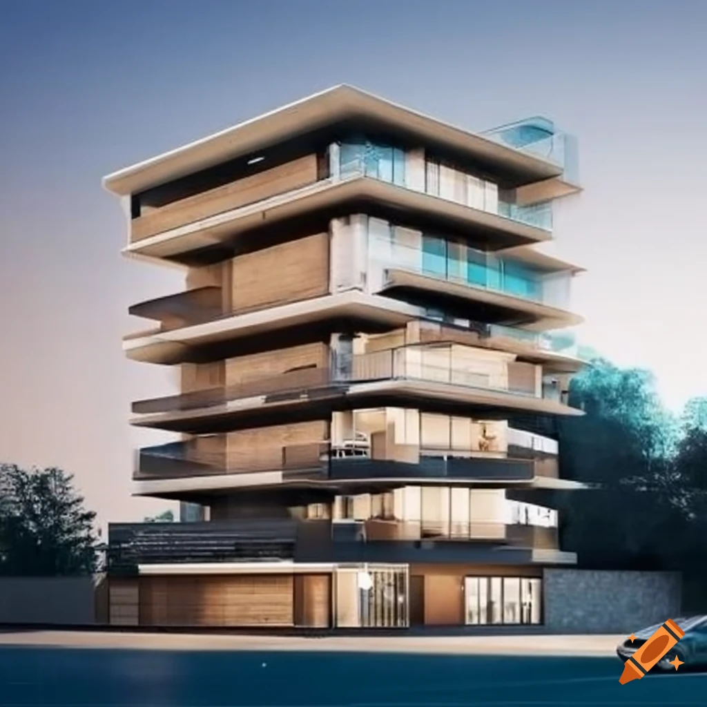 Modern 6-story building with various apartments on Craiyon