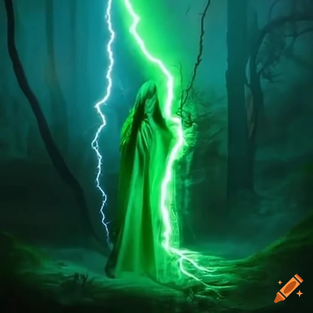 Mystical cloaked person summoning green lightning from hands on Craiyon