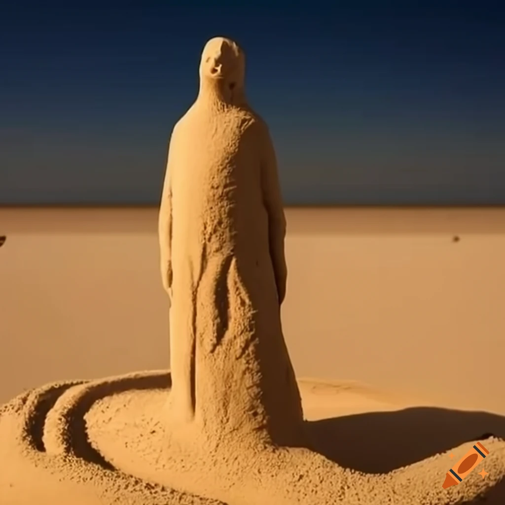 Tall figure sculpted from sand with no facial features on Craiyon