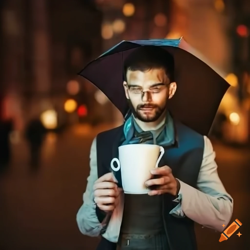 Stylish man walking with an umbrella or holding a steaming coffee cup ...
