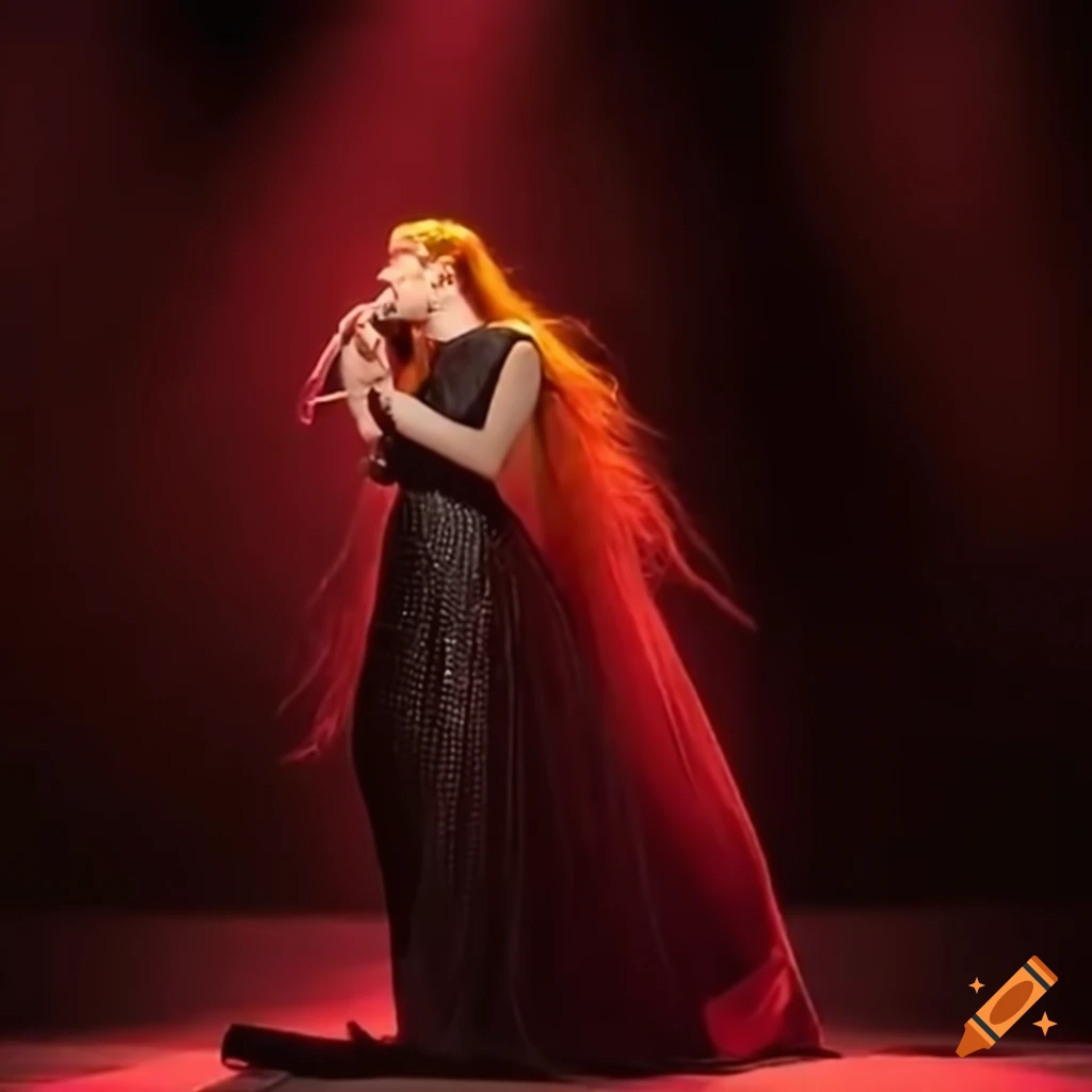 Redhead singer performing a captivating ballad on stage on Craiyon