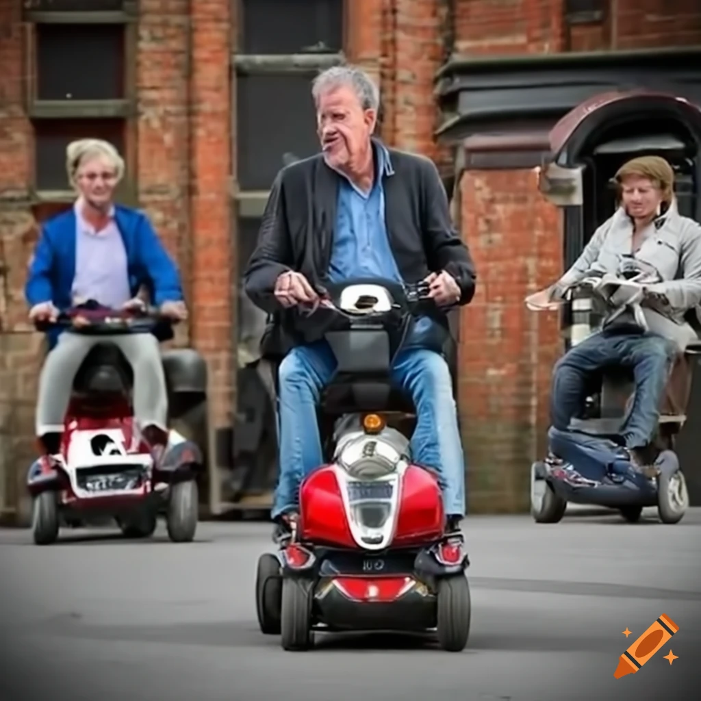 Top gear hosts riding mobility scooters on Craiyon