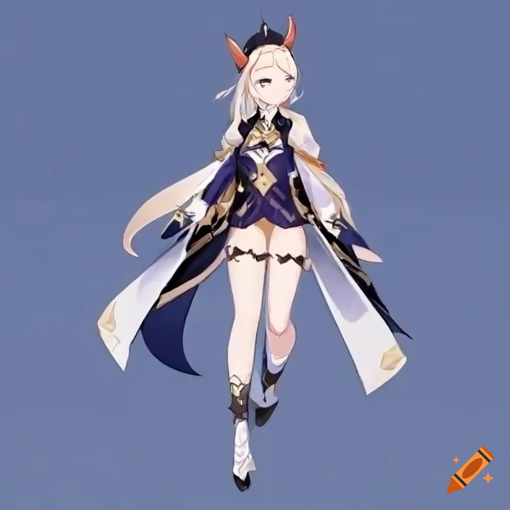 Full-body character sheet of a woman with detailed outfit from genshin ...