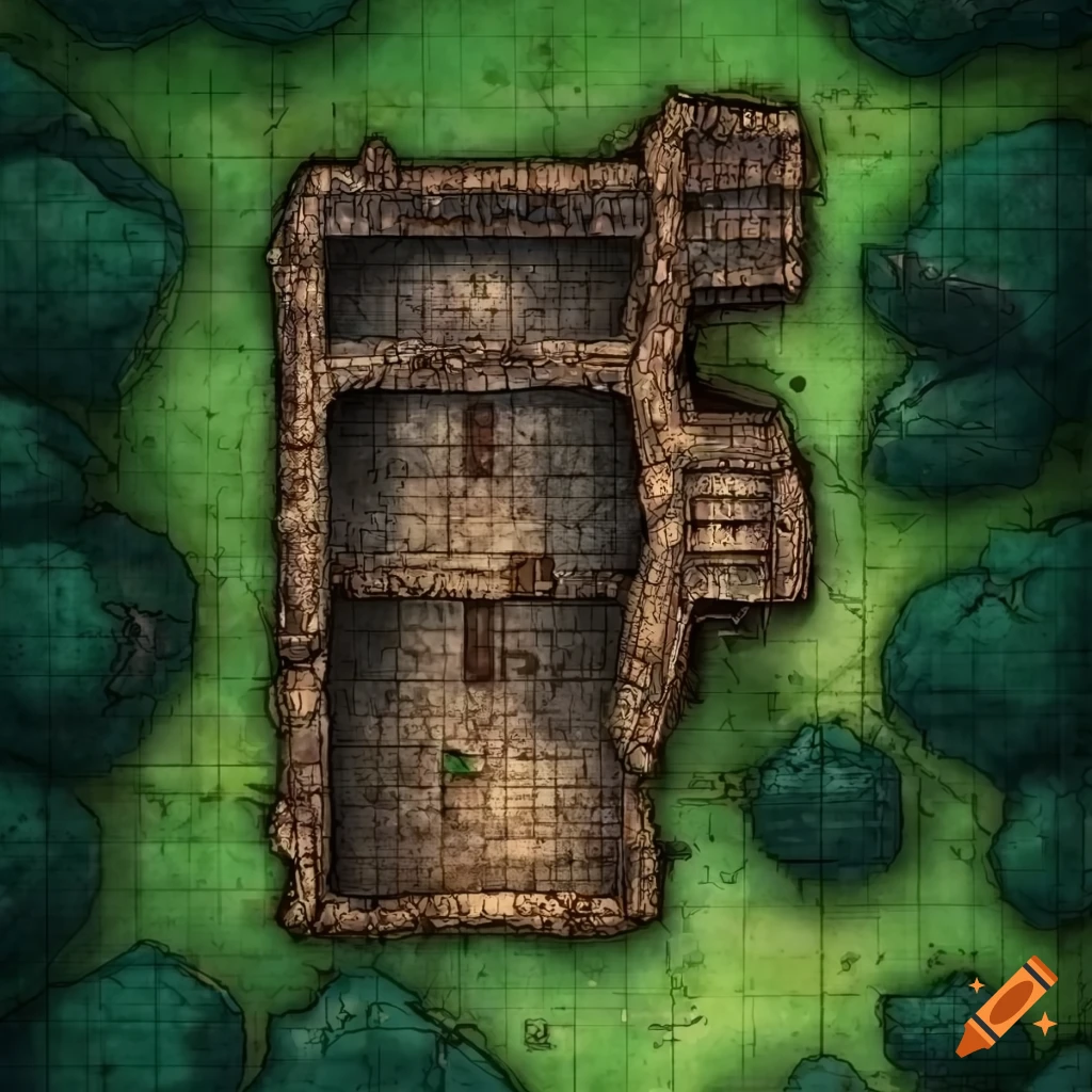 Dungeons and dragons map grid depicting a jungle with a ruined tower on ...