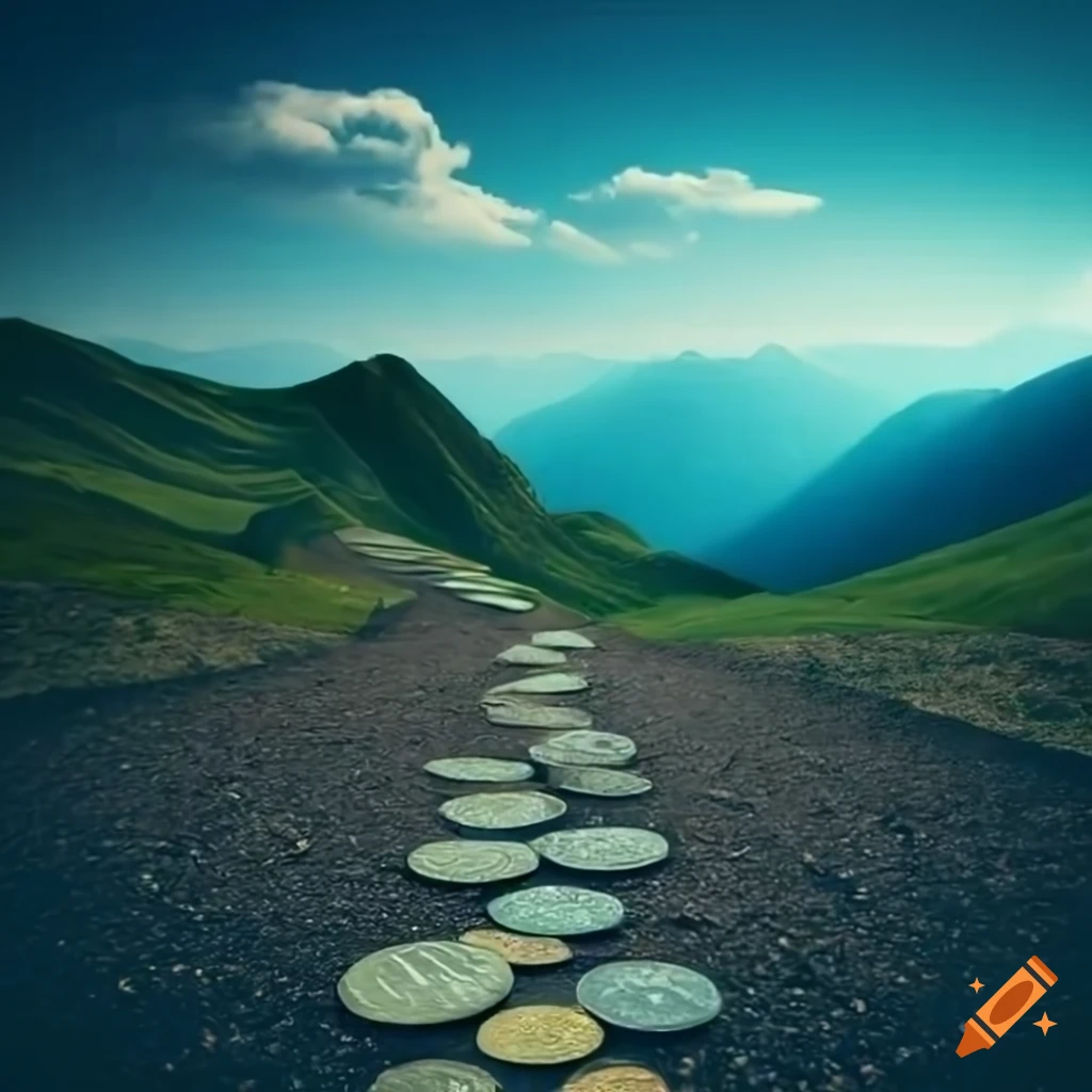 Path of coins on a road through a valley on Craiyon