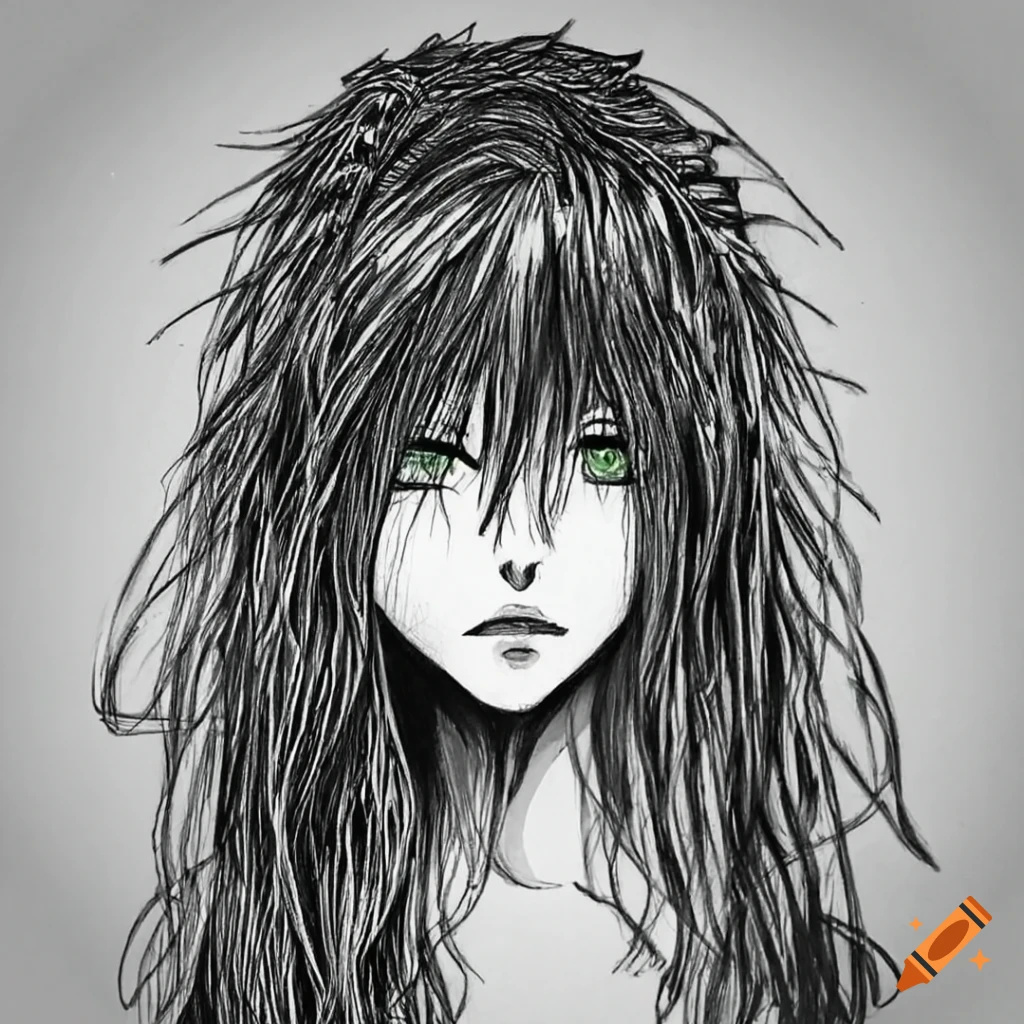 Ink drawing of a girl with tousled long hair in black and white on Craiyon