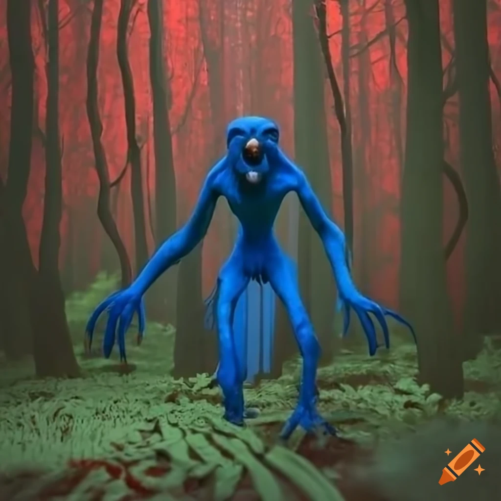 Scary big blue creature in the Red Forest on Craiyon