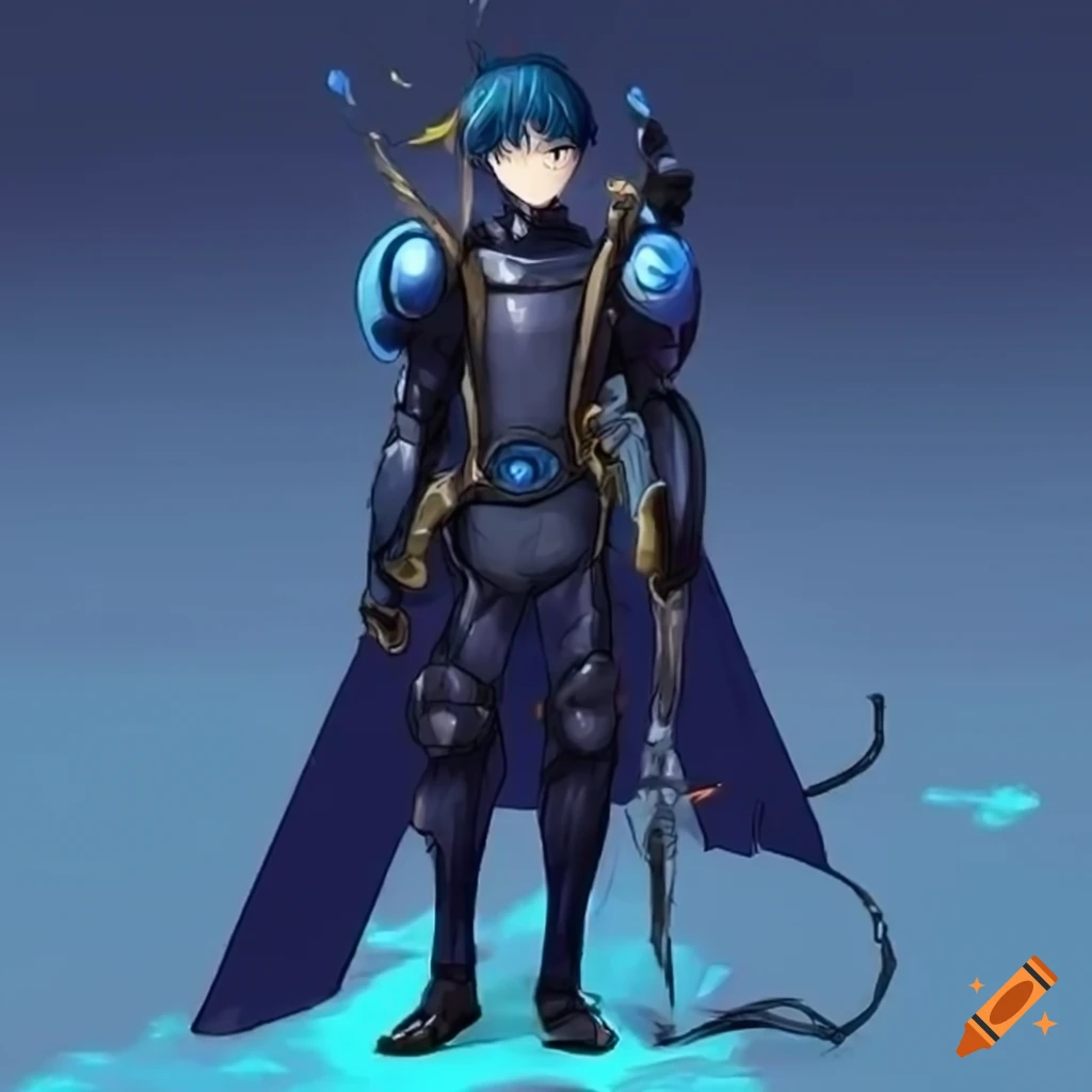 Anime warrior with dark blue hair in scuba diving gear armor on Craiyon