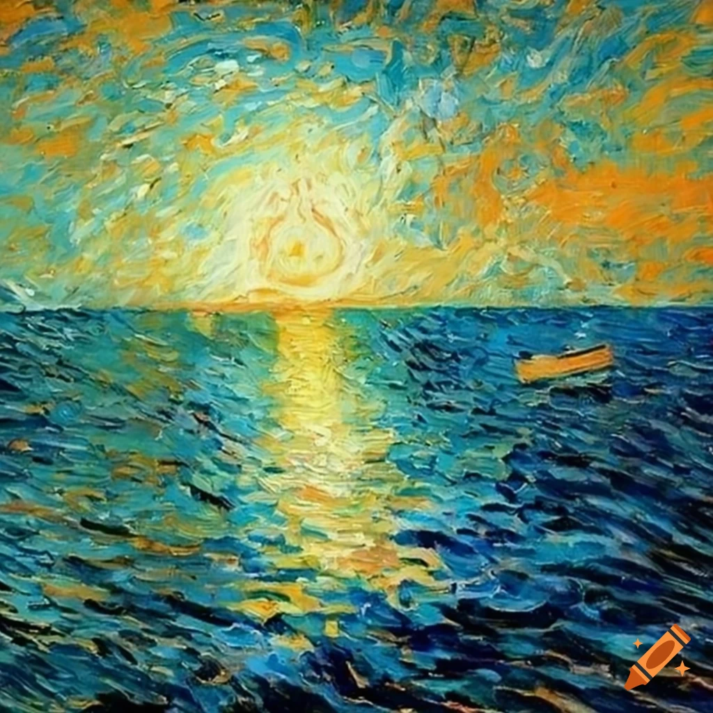 Van gogh's painting of a blazing sun over the ocean on Craiyon