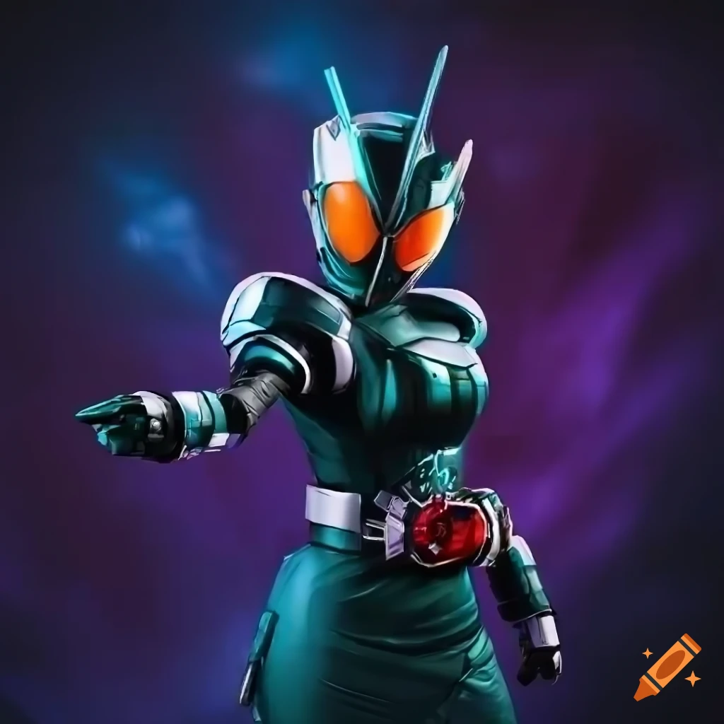 Symmetrical photorealistic female kamen rider with skirt on Craiyon