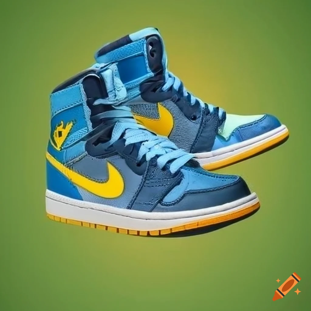 Yellow and Blue Air Jordan 1's floating in front of a green background ...