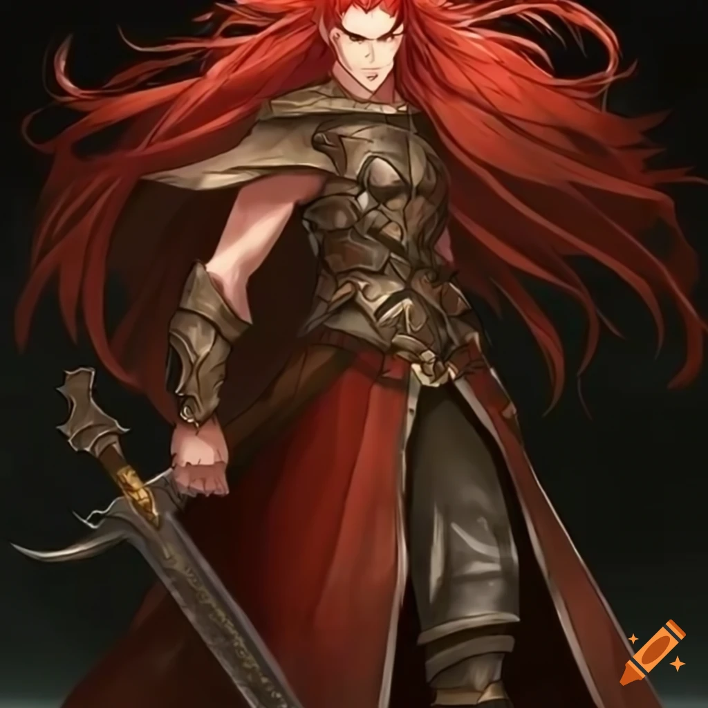 Red-haired elf warrior with an enchanted wooden sword and shield in ...