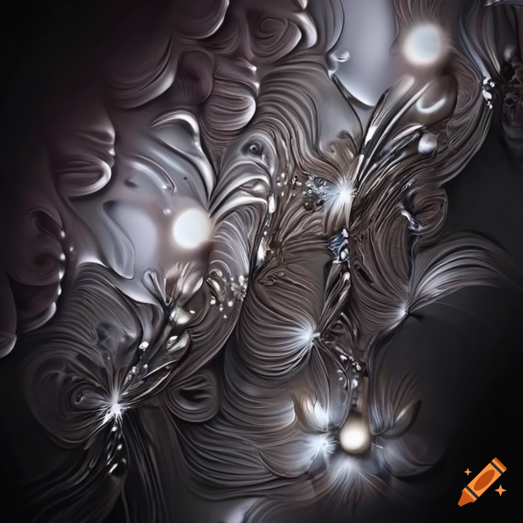 Abstract artwork with metallic flowers on silver backdrop on Craiyon