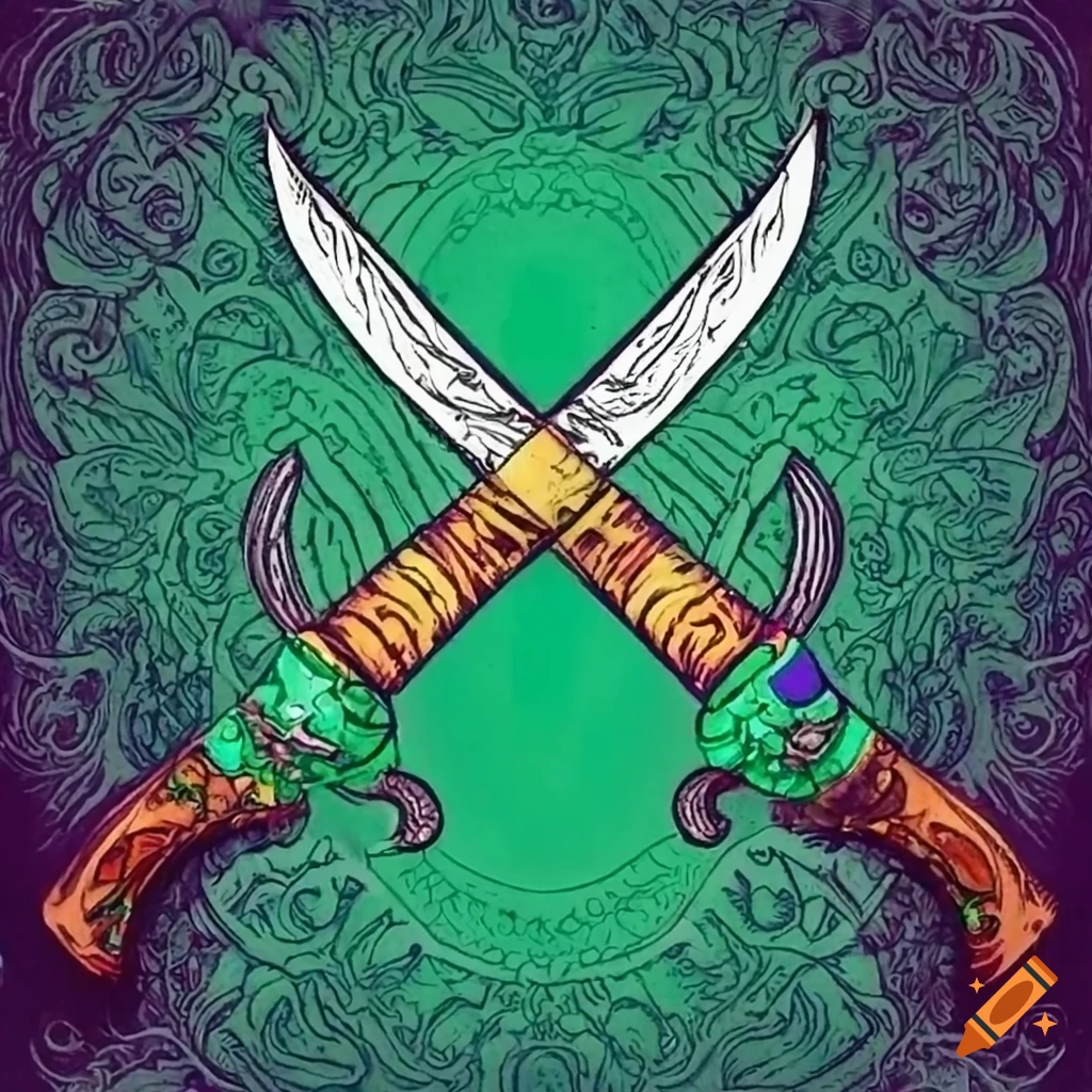 Pair of crossed simitars in old nordic tattoo design with damascus ...