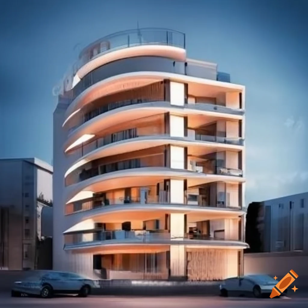 Modern 6-story building with various apartments on Craiyon