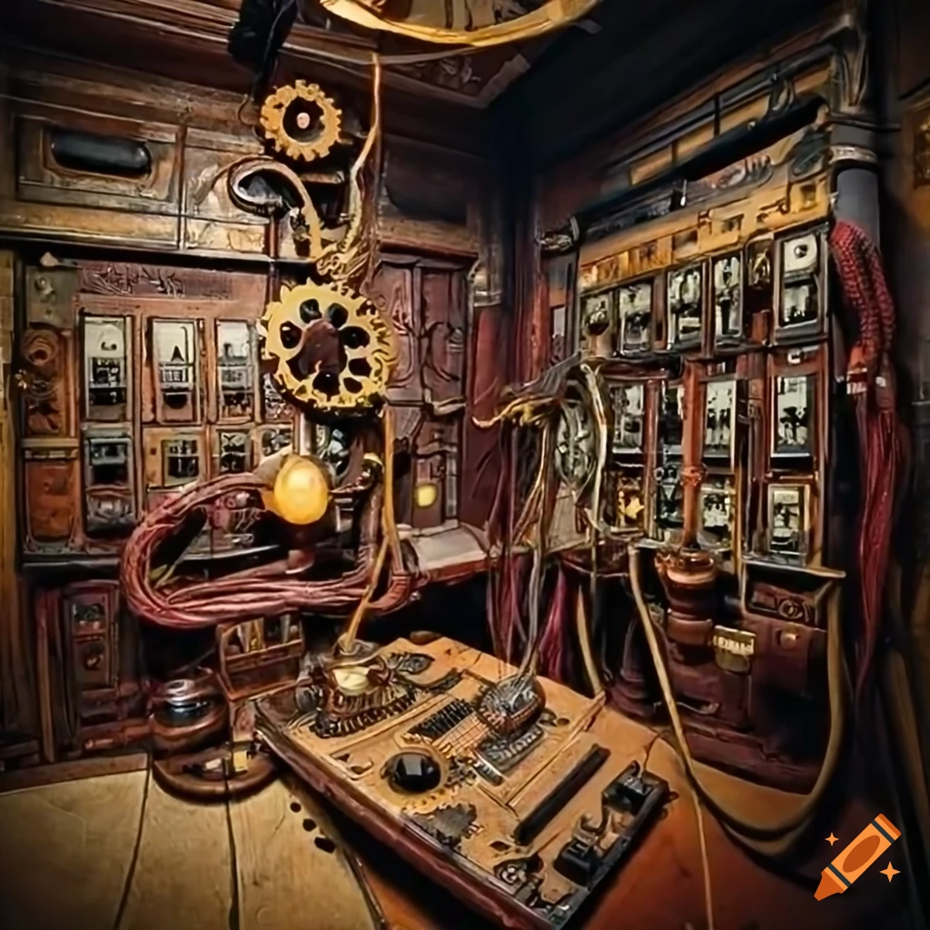 Steampunk telephone switchboard with cables on Craiyon