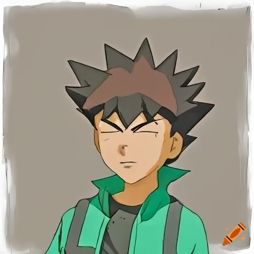 Brock from Pokemon with eyes closed in green attire on Craiyon