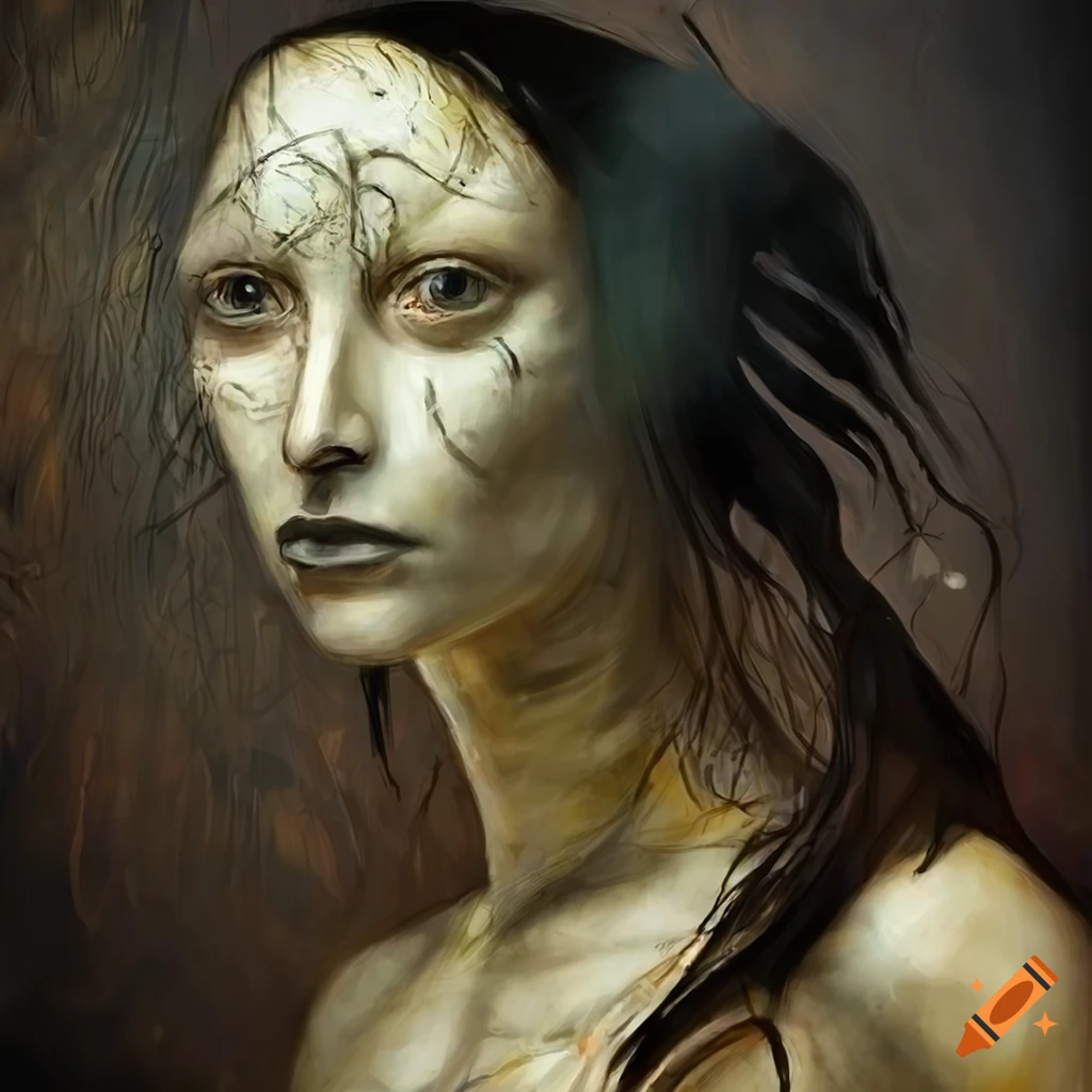 Crude yet beautiful oil painting of a pale marble female creature with ...