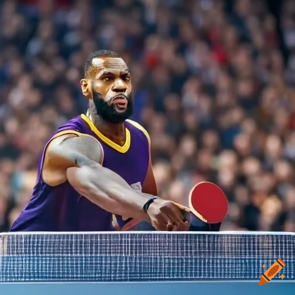LeBron James playing table tennis with a giant racket in front of an ...