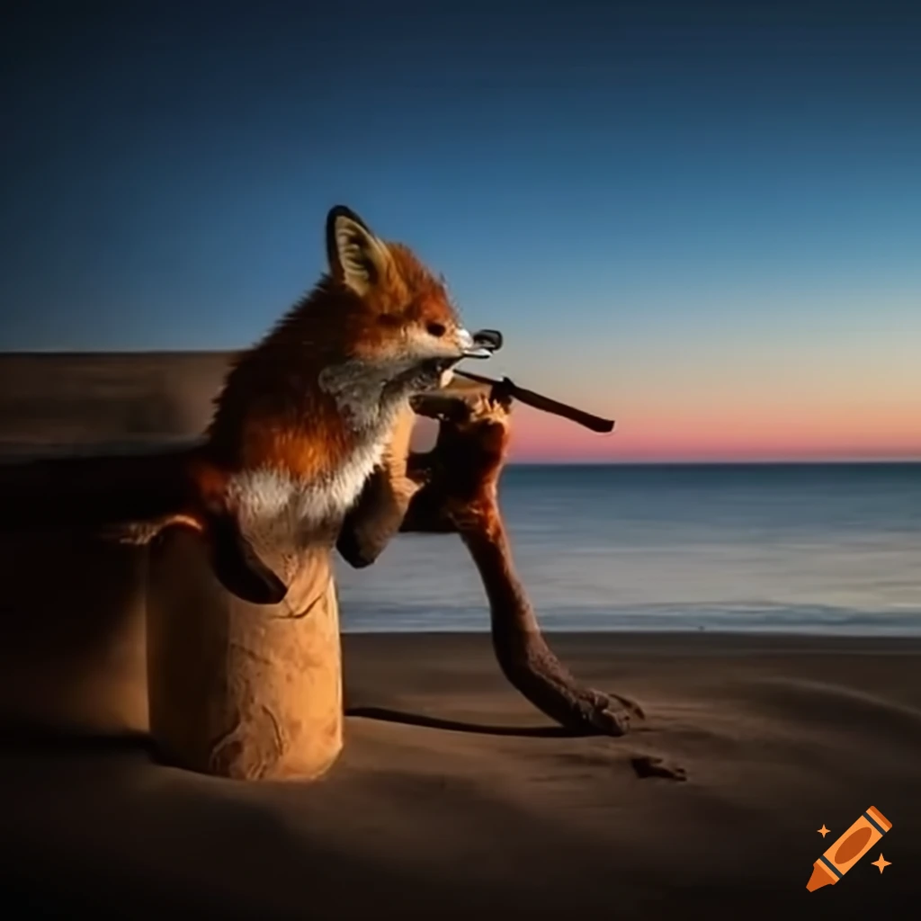 Fox enjoying a cigar on the beach on Craiyon