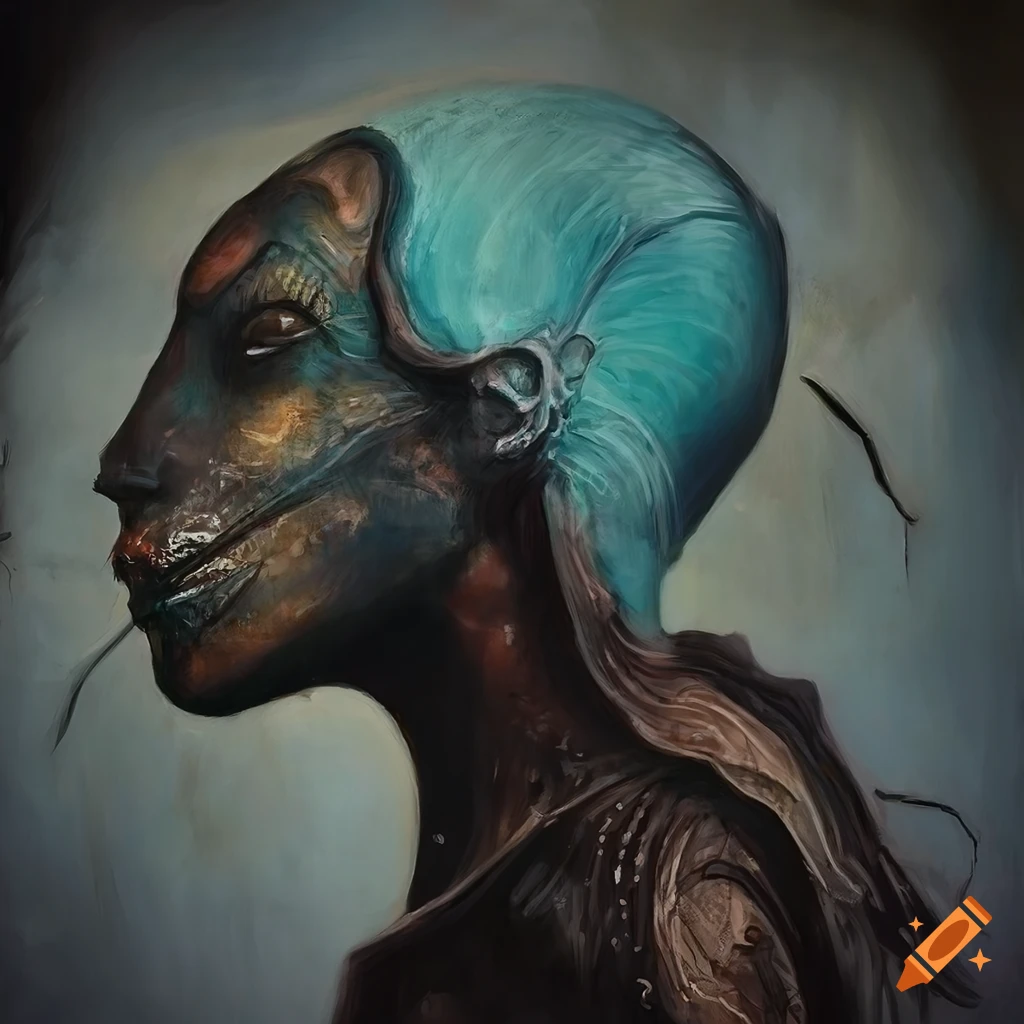 High-resolution painting of a unique pale marble female creature on a ...